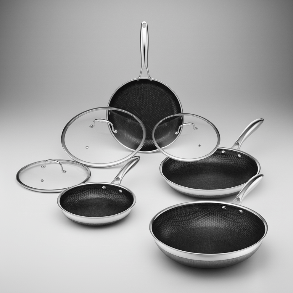 7pc Clad Hybrid Cookware Set with Lids & Wok Bundle – Apex Titanium
